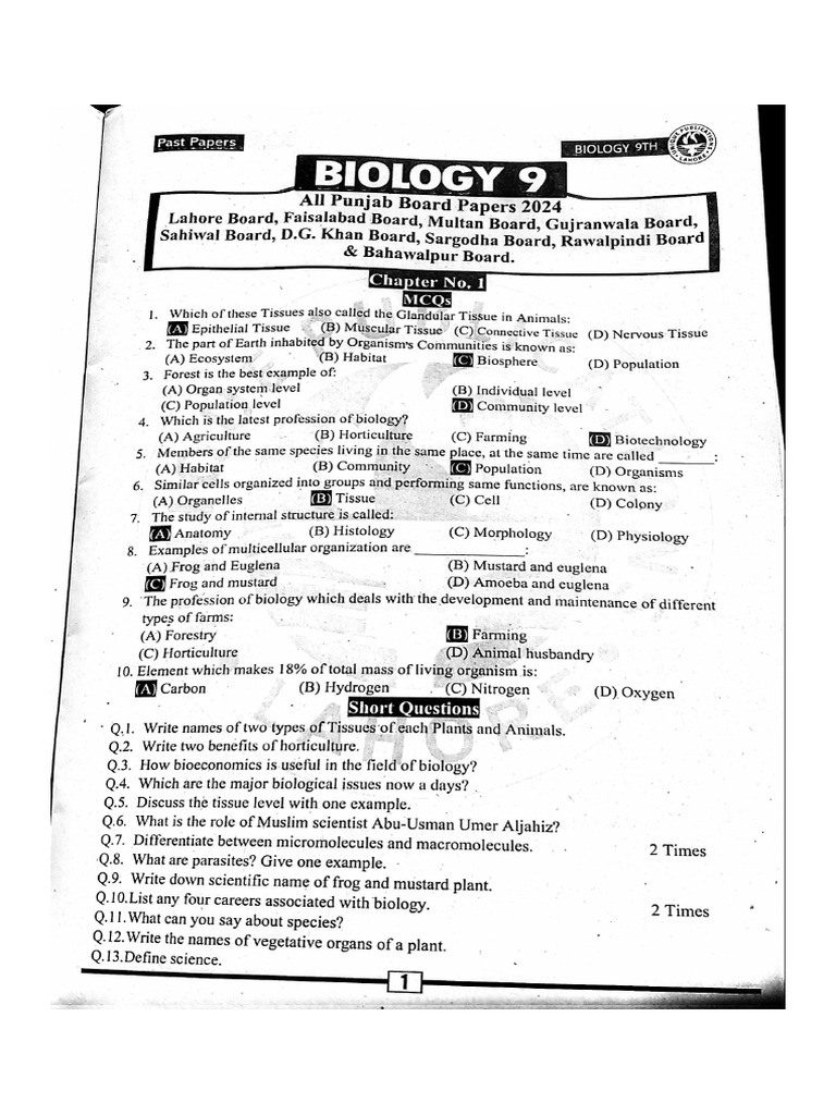 9th Class Biology Full Book MCQS and Questions | PDF
