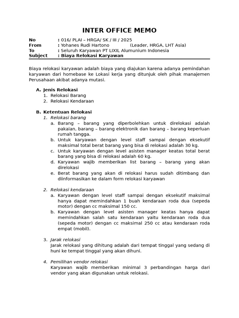 (DRAFT) INTER OFFICE MEMO - Biaya Relokasi Karyawan | PDF