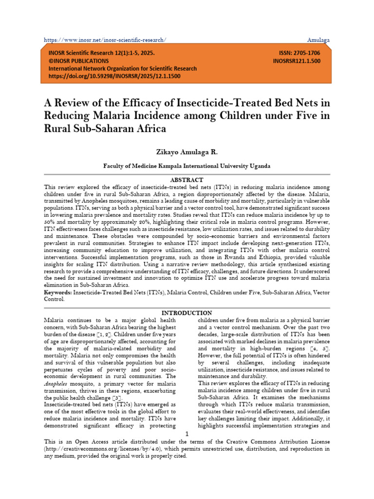 Efficacy of ITNs Against Malaria in Children | PDF | Malaria | Mosquito Net