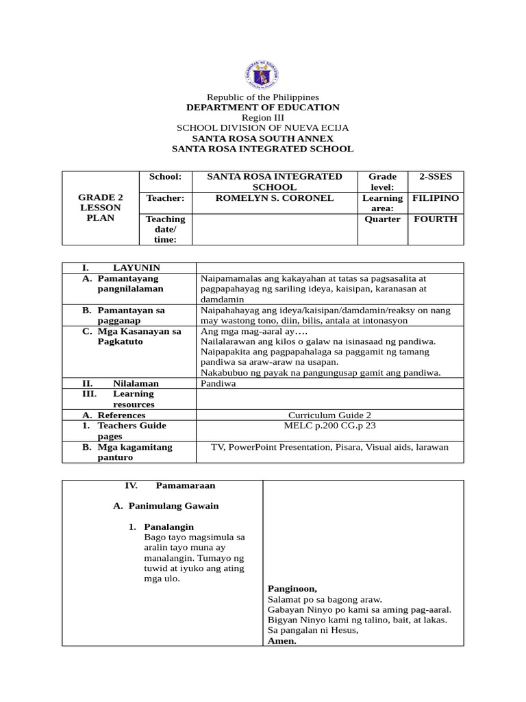 Revised - Lesson Plan in Filipino Grade 2 Salitang Kilos | PDF