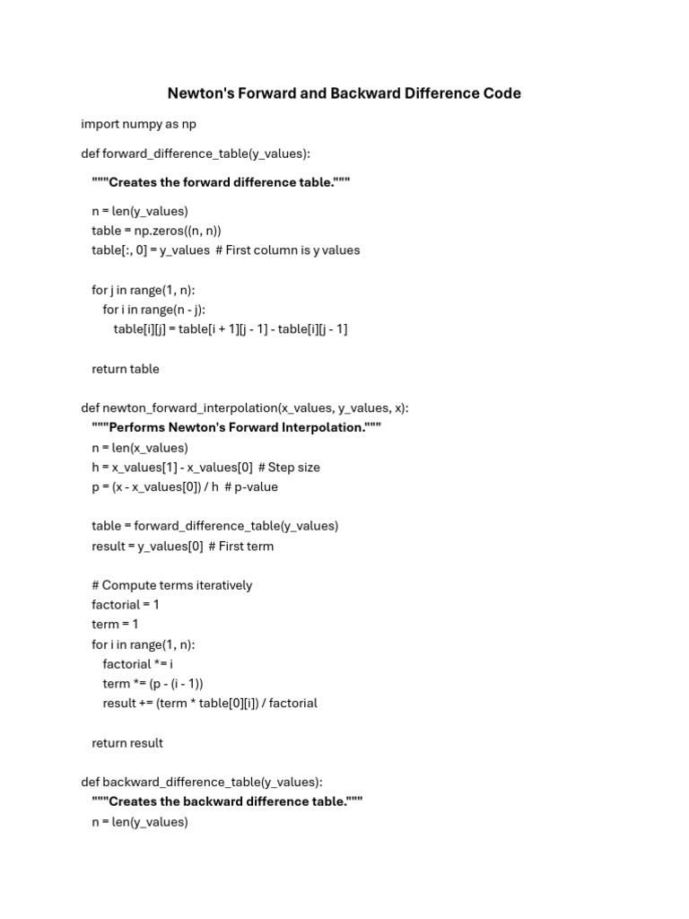 Newton's Forward and Backward Interpolation Formula Code | PDF