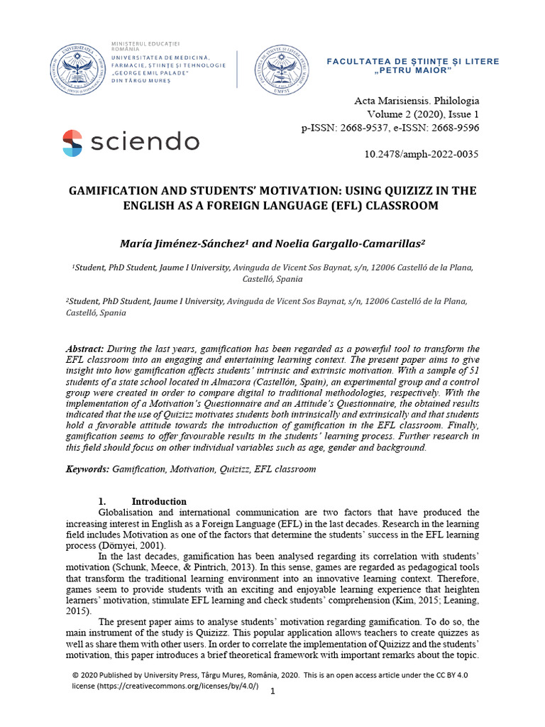 Gamification and Students Motivation Using Quizizz in The English As A Foreign Language EFL ...