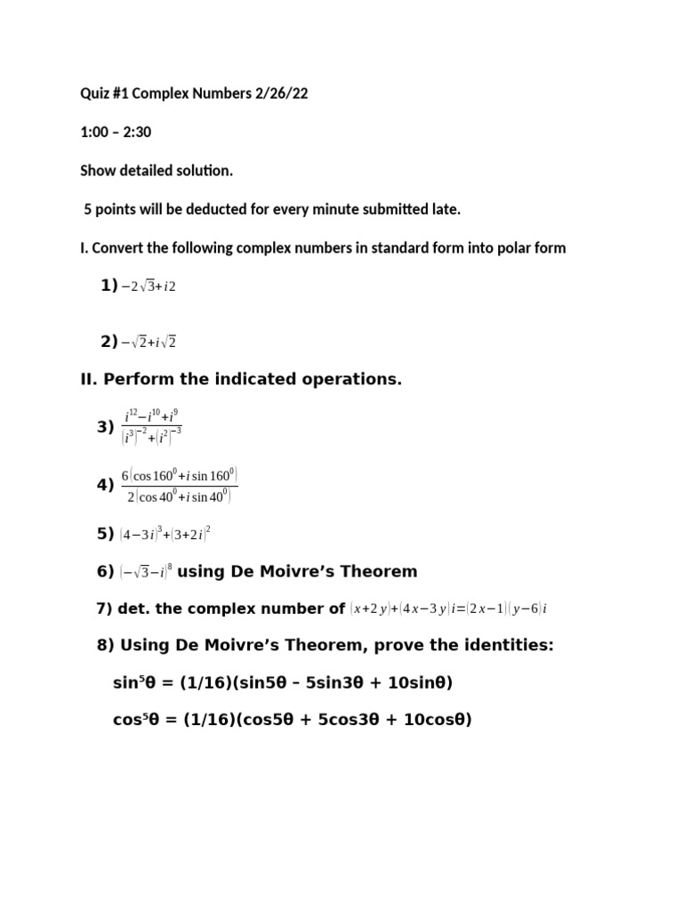 Quiz 1 Complex Numbers | PDF