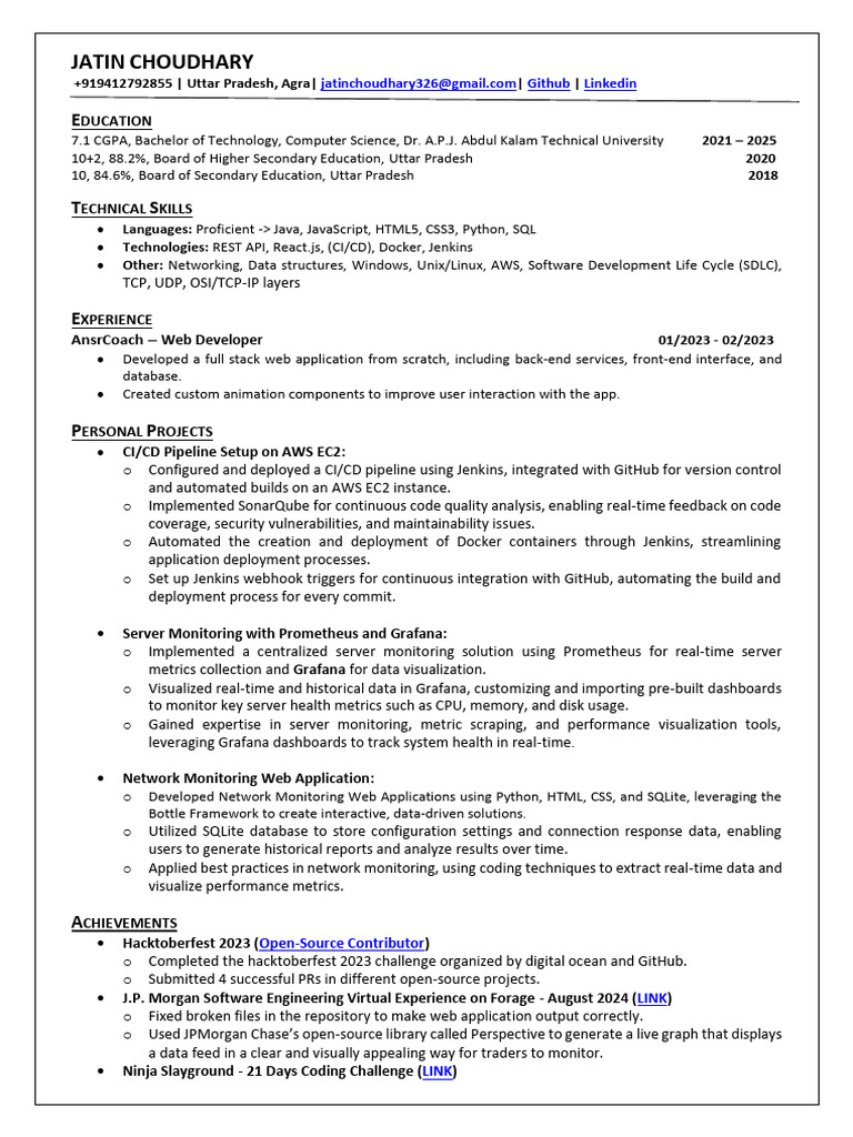 Web Developer Resume of Jatin Choudhary | PDF | World Wide Web | Internet & Web