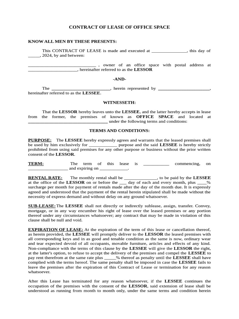 Contract of Lease - Template | PDF | Lease | Private Law