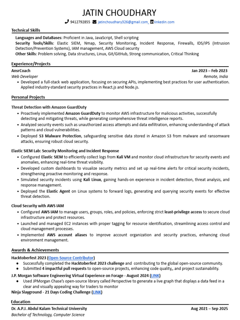Jatin Choudhary New SOC Resume | PDF | Security | Computer Security