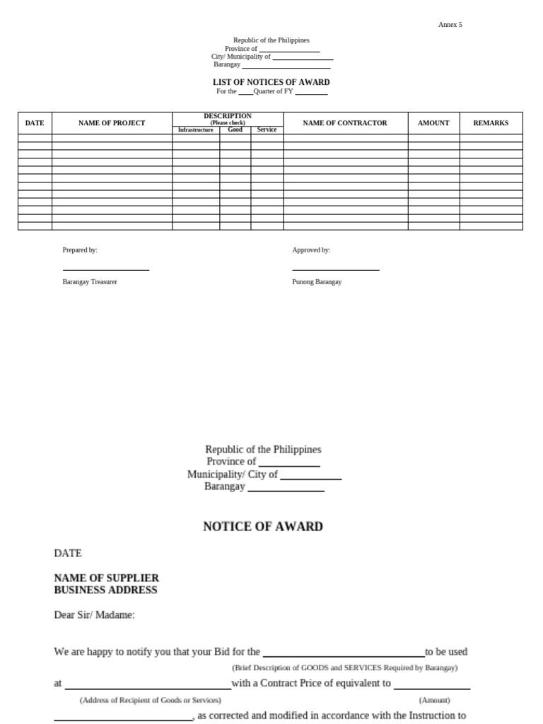 Barangay Notices of Award Template | PDF