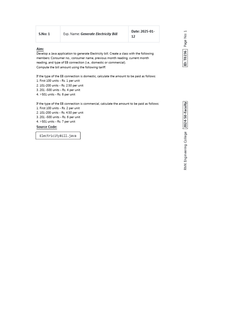 Java Electricity Bill Calculator | PDF | Integer (Computer Science) | String (Computer Science)