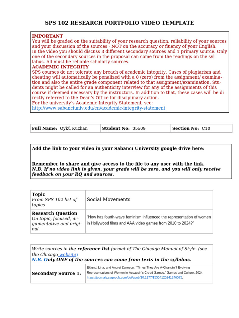 SPS 102 Research Portfolio Template | PDF | Academic Integrity | Women ...