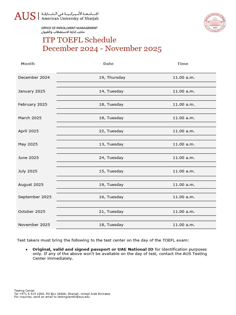 Itp TOEFL Schedule December 2024 - November 2025 | PDF
