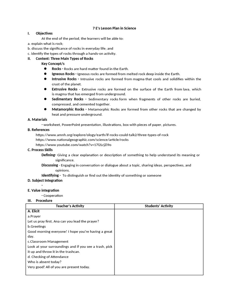 7 E S Lesson Plan in Science Rocks | PDF