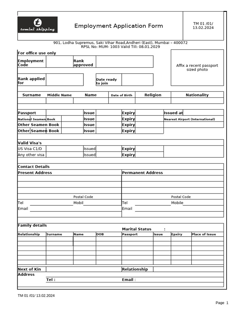 TM 01 Employment Application Form - Rev01 (13.02.2024) | PDF | Travel Visa