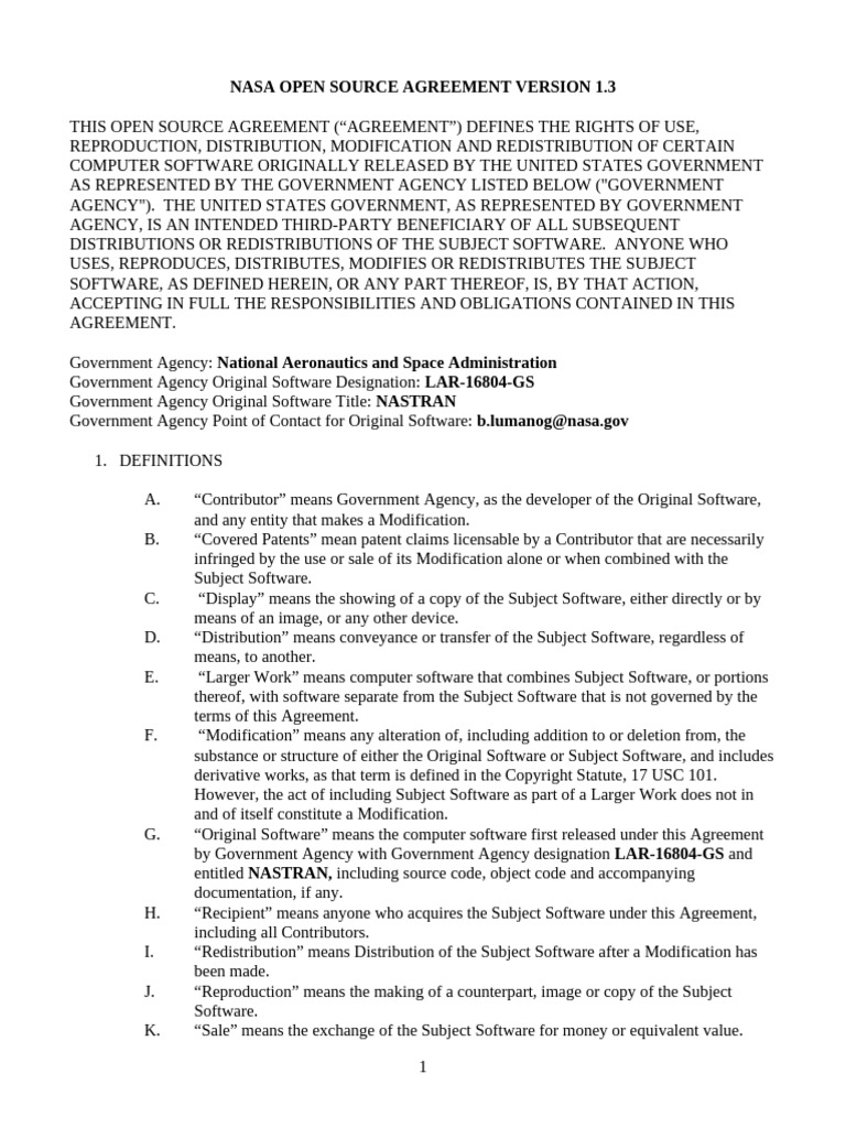 NASA Open Source Agreement-NASTRAN 95 | PDF | Indemnity | Software