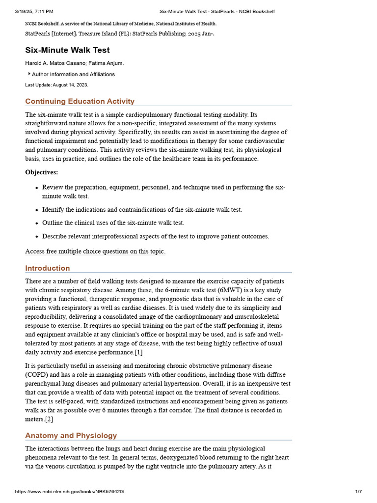 Six-Minute Walk Test - StatPearls - NCBI Bookshelf | PDF | Heart ...