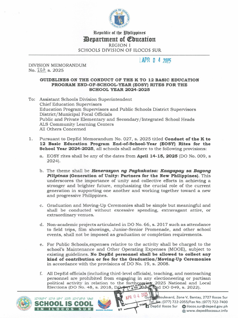 DM No. 203, S. 2025-Guidelines On The Conduct of The K To 12 Basic ...