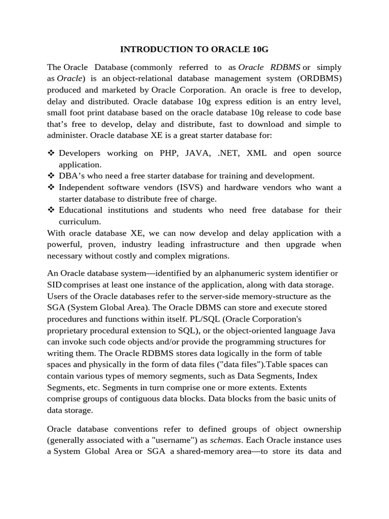 INTRODUCTION TO ORACLE 10G | PDF | Databases | Relational Database