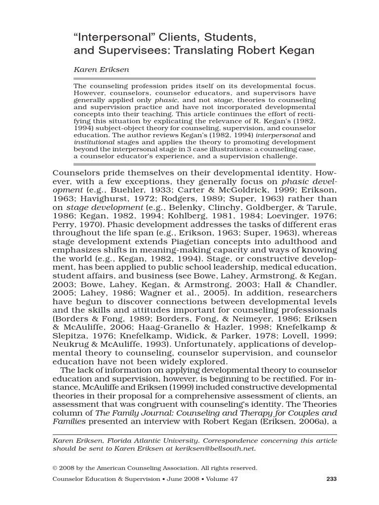 Kegan Ycounselling - Interpersonalclient | PDF | Teachers | School ...
