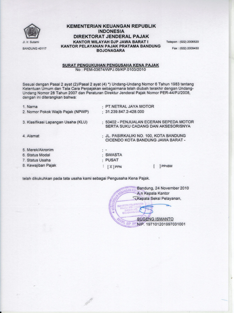 Surat Pengukuhan Pengusaha Kena Pajak (SPPKP) Bandung | PDF
