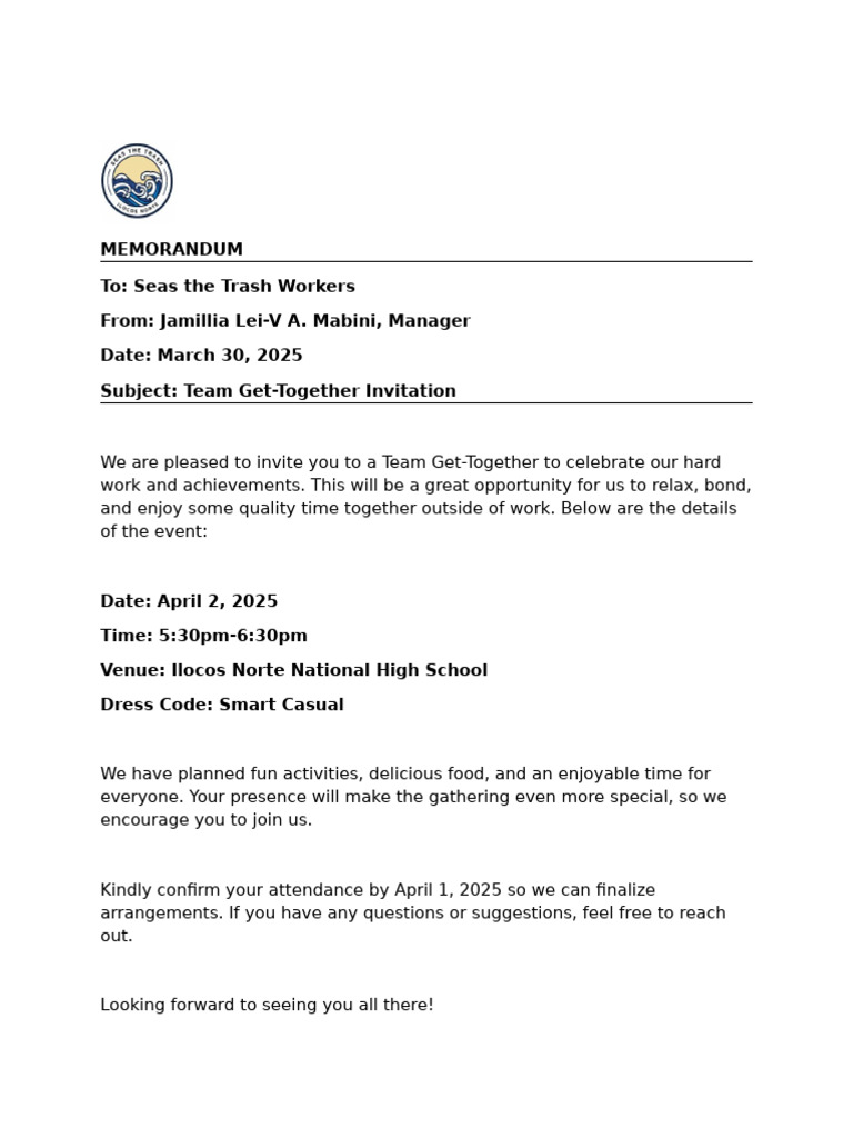 Team Get-Together Invitation Memo | PDF