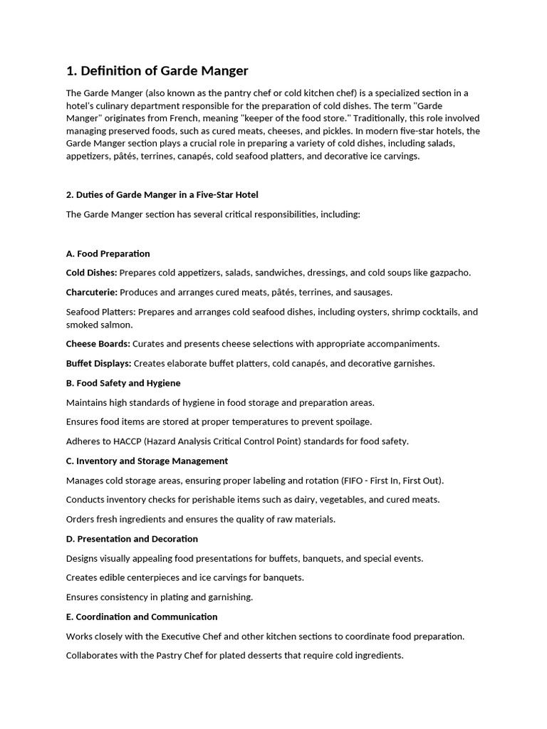 Definition of Garde Manger, Hierarchy in Garde Mange | PDF | Garde ...