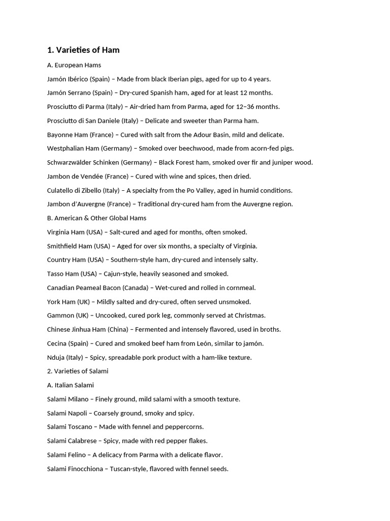 Varities of Ham and Salami | PDF | Ham | Sausage