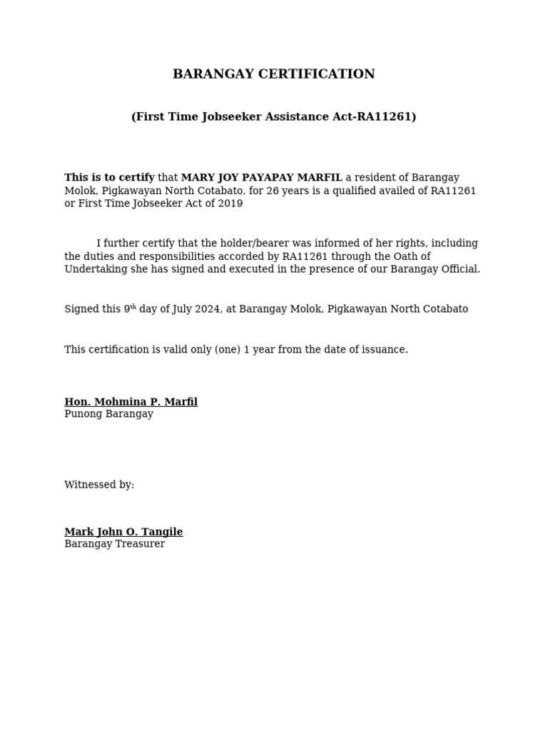 Barangay Certification | PDF