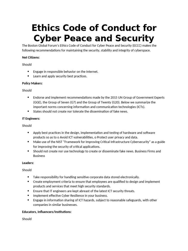 Code of Conduct For Cyber Peace and Security | PDF