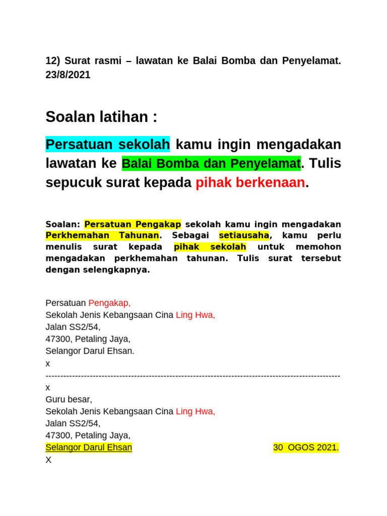 12) Surat rasmi – lawatan ke Balai Bomba dan Penyelamat. 23_8_2021 | PDF