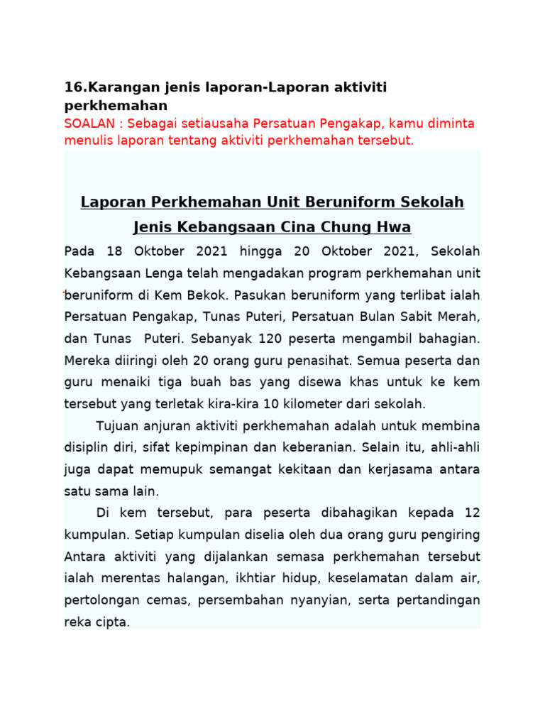 Karangan Jenis Laporan - Laporan Aktiviti Perkhemahan | PDF