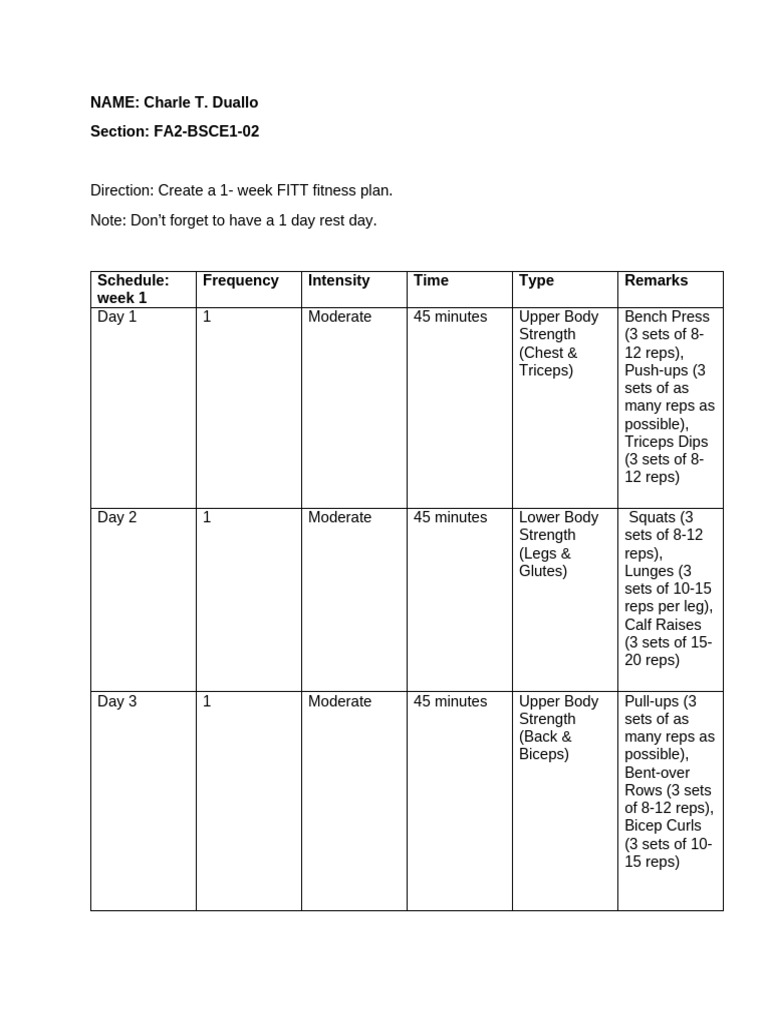 1 - Week FITT Fitness Plan | PDF | Physical Fitness | Physical Exercise