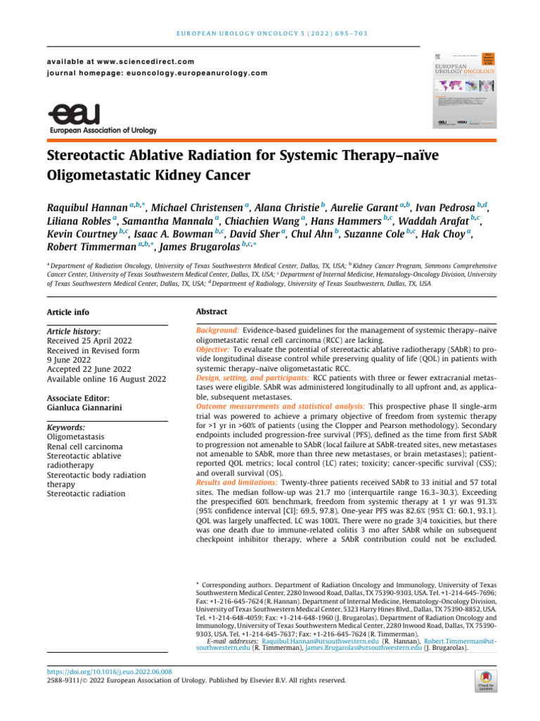 Stereotactic Ablative Radiation For Systemic Therapy-Naïve Oligometastatic Kidney Cancer | PDF ...