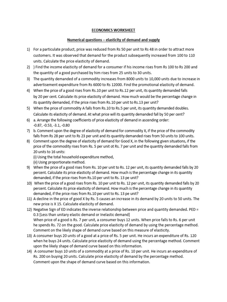 Elasticity Numerical - Eco - Worksheet - 11cbse | PDF | Demand | Price ...