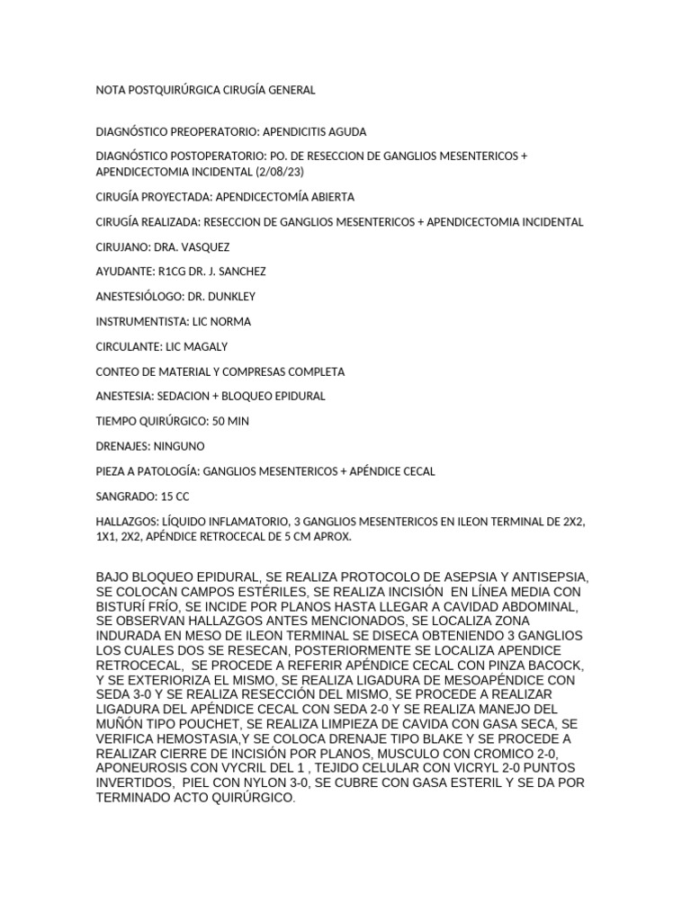 Nota Po. Apendicectomia | PDF | Procedimientos médicos | Especialidades ...