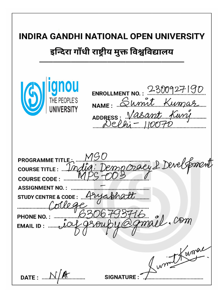 Indira Gandhi National Open University: Enrollment No.: Name | PDF