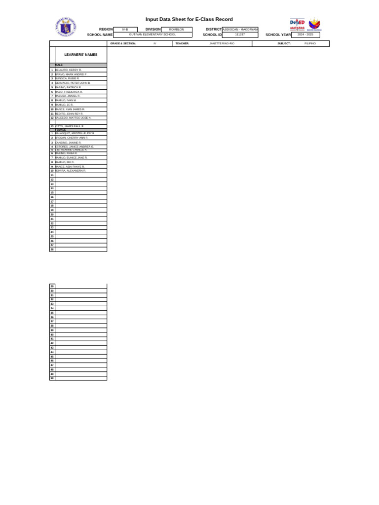 Class Record for Grade IV Filipino | PDF