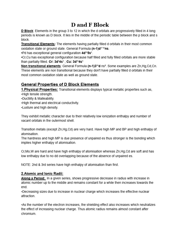 D Block Elements: Properties & Characteristics | PDF | Transition ...