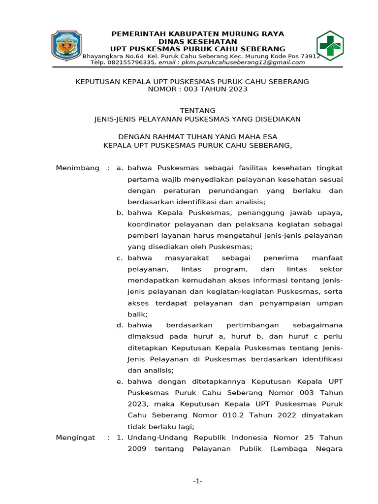 1. SK Kapus tentang jenis-jenis pelayanan yang disediakan Puskesmas | PDF