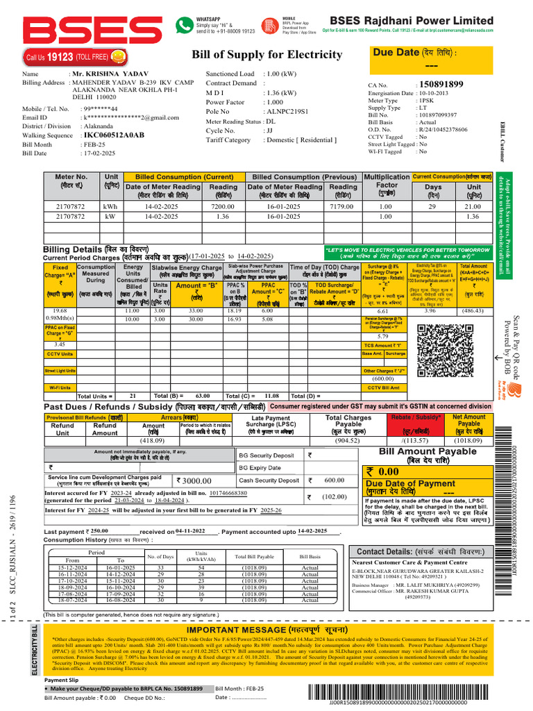 BSES Customer Care Billing Summary | PDF | Electrical Engineering ...