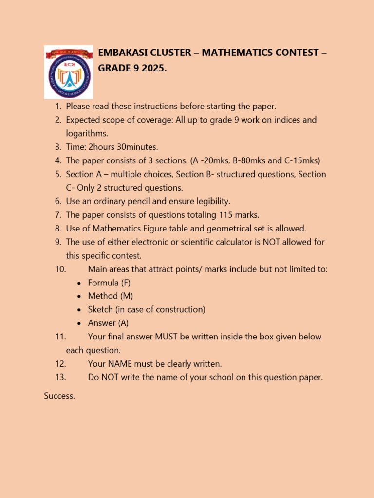 Embakasi Cluster Maths Contest 2025. | PDF