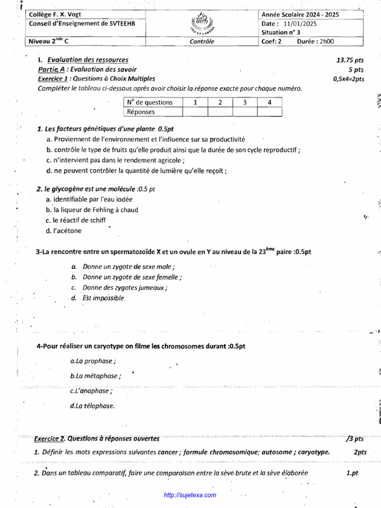 Épreuve de SVT Collège Vogt 2024 | PDF | Sexe | Chromosome