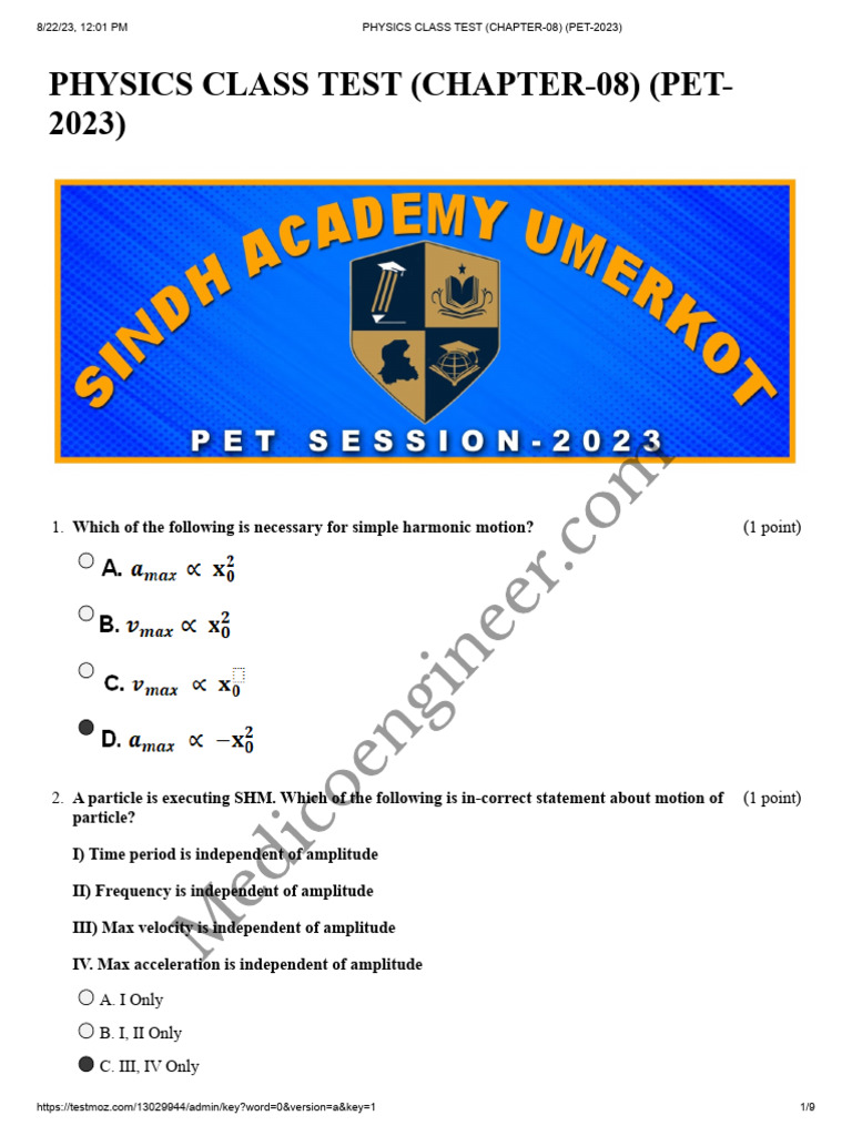 Physics Class Test: Simple Harmonic Motion | PDF | Waves | Sound