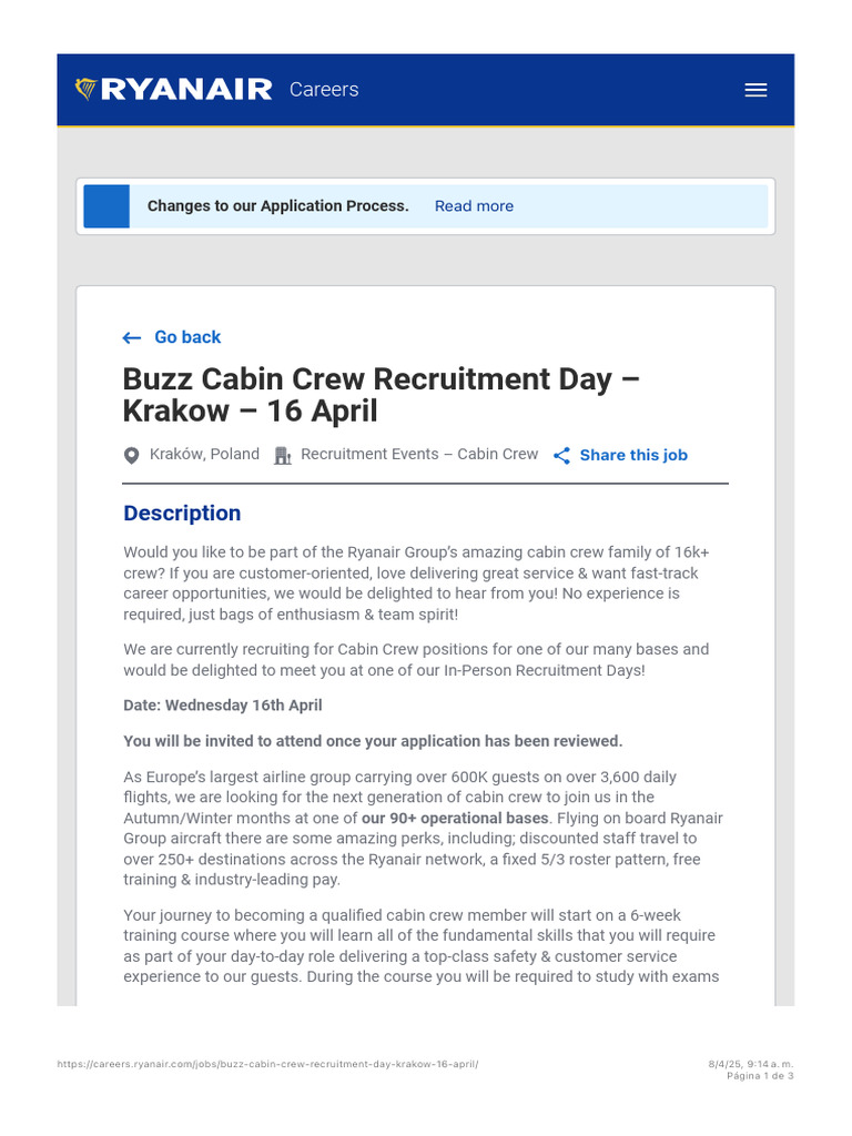 Buzz Cabin Crew Recruitment Day – Krakow – 16 April – Careers | PDF ...