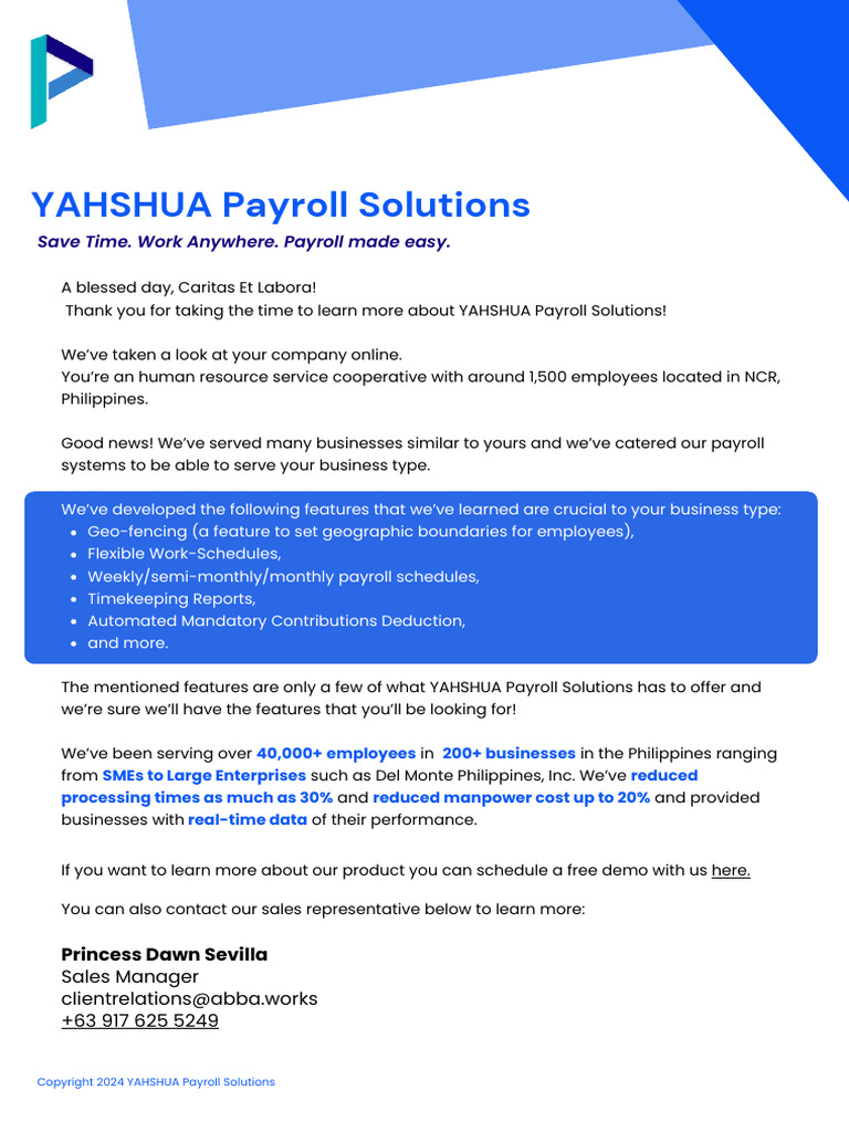 YAHSHUA Payroll Solutions - Caritas Et Labora | PDF | Mobile App | Payroll