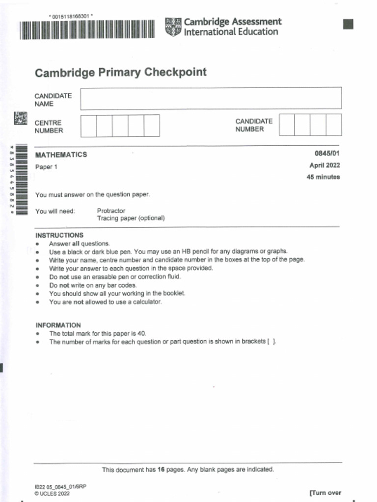 Cambridge Primary Checkpoint April 2022 Paper1 | PDF
