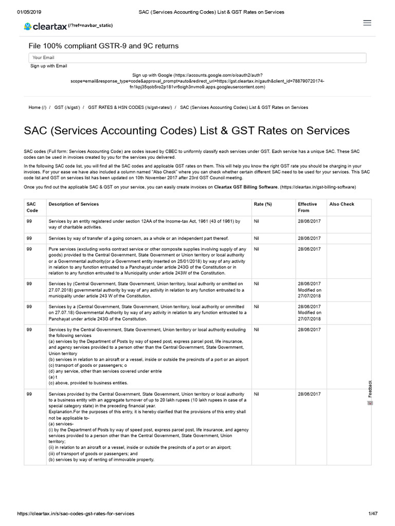 SAC (Services Accounting Codes) List & GST Rates On Services | PDF