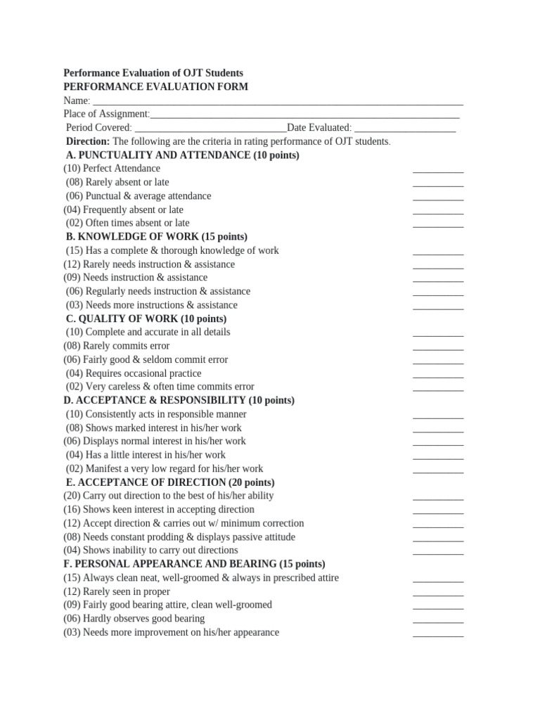 Performance Evaluation of OJT StudentsSIR FAGELA 3 | PDF