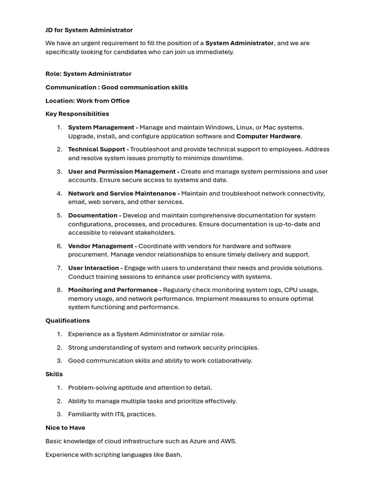 JD For System Administrator | PDF