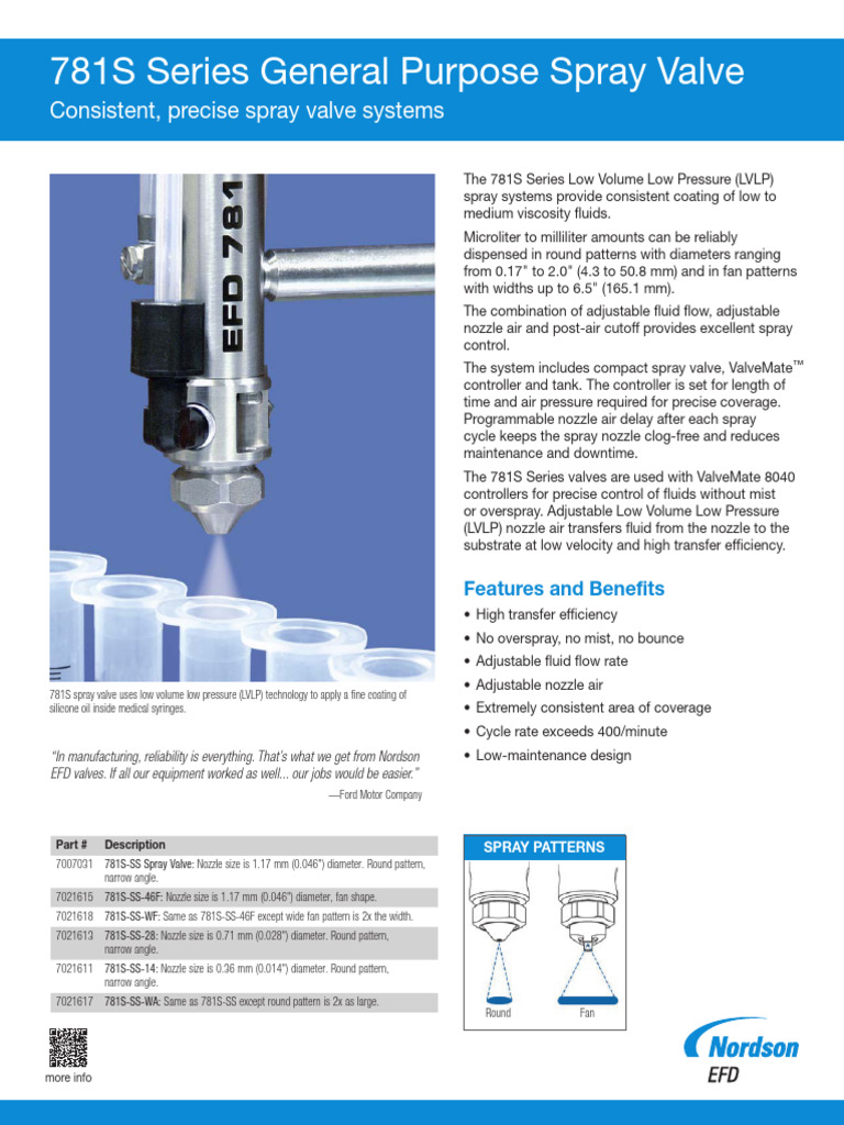 Nordson EFD 781S Series General Purpose Spray Valve Data Sheet | PDF | Valve | Piston