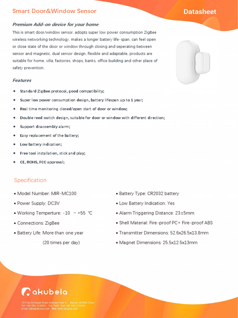 Akubela Add-on (MIR-MC100-TY) Smart Door&Window Sensor Datasheet_20221031_V1.0 | PDF