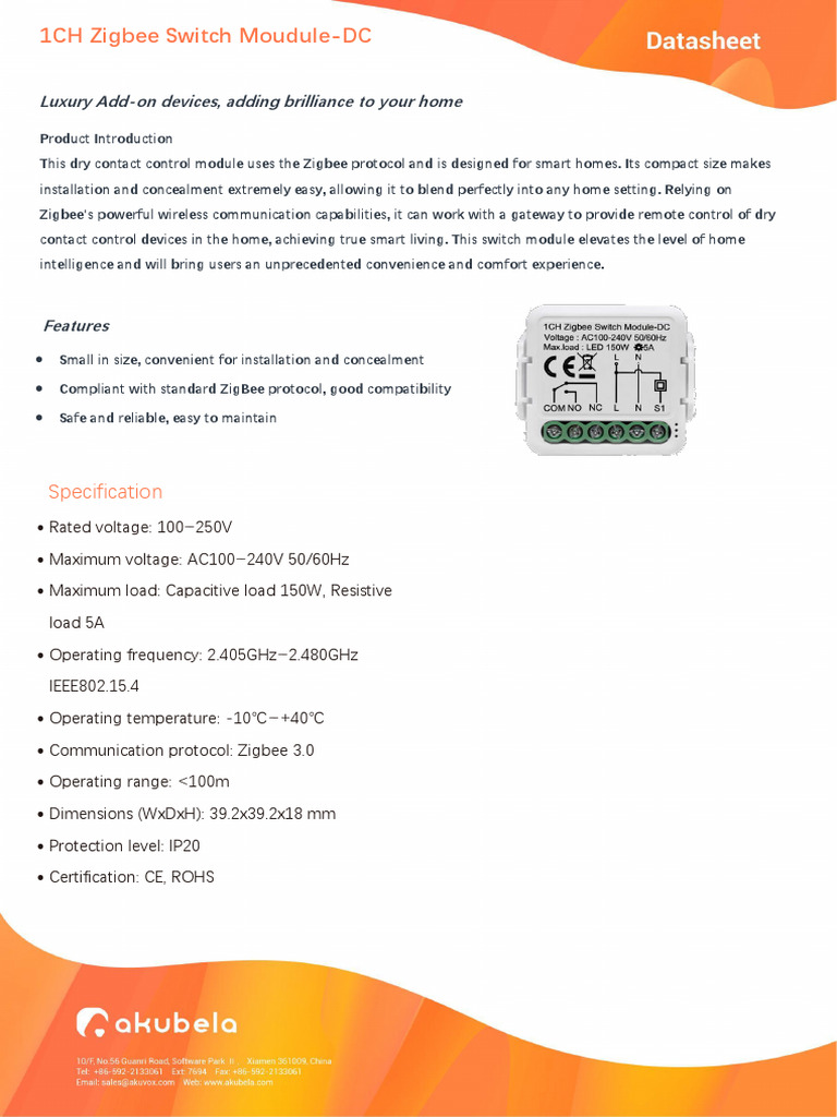 Akubela Add-On 1CH Zigbee Switch Moudule-DC Datasheet | PDF